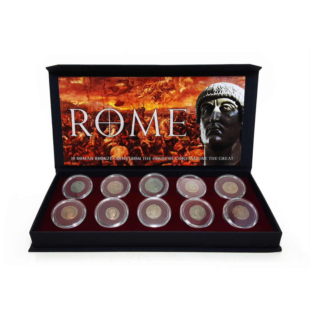 Set of (10) House of Constantine Roman Bronze Coins with Deluxe Wooden ...