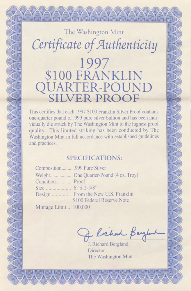 1997 "One Hundred Dollar" 100$ Quarter Pound Silver .999 Fine Silver ...