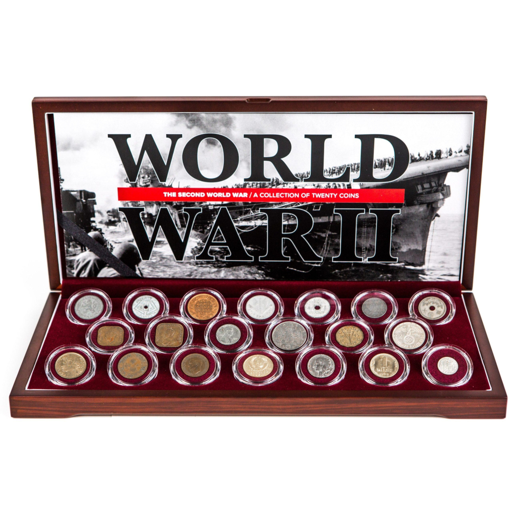 "World World II" Set of (20) Coins with Deluxe Wooden Display Box ...