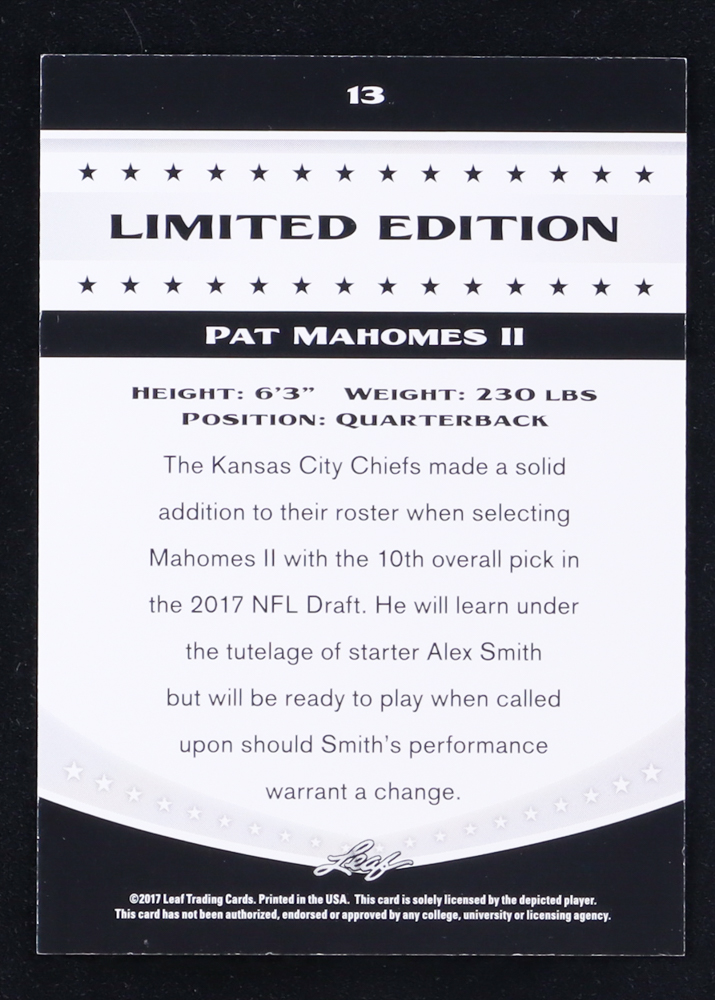 Patrick Mahomes 2017 Leaf Special Release Limited Edition #13 RC ...