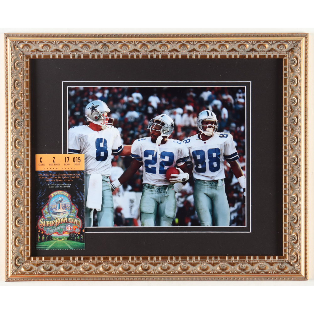Troy Aikman, Emmitt Smith & Michael Irvin Custom Framed Photo Display with Original Super Bowl ...