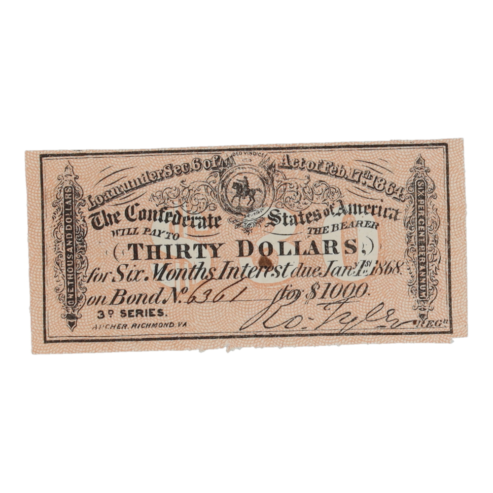 1864 $30 Thirty Dollars Confederate States of America Richmond CSA Bank ...