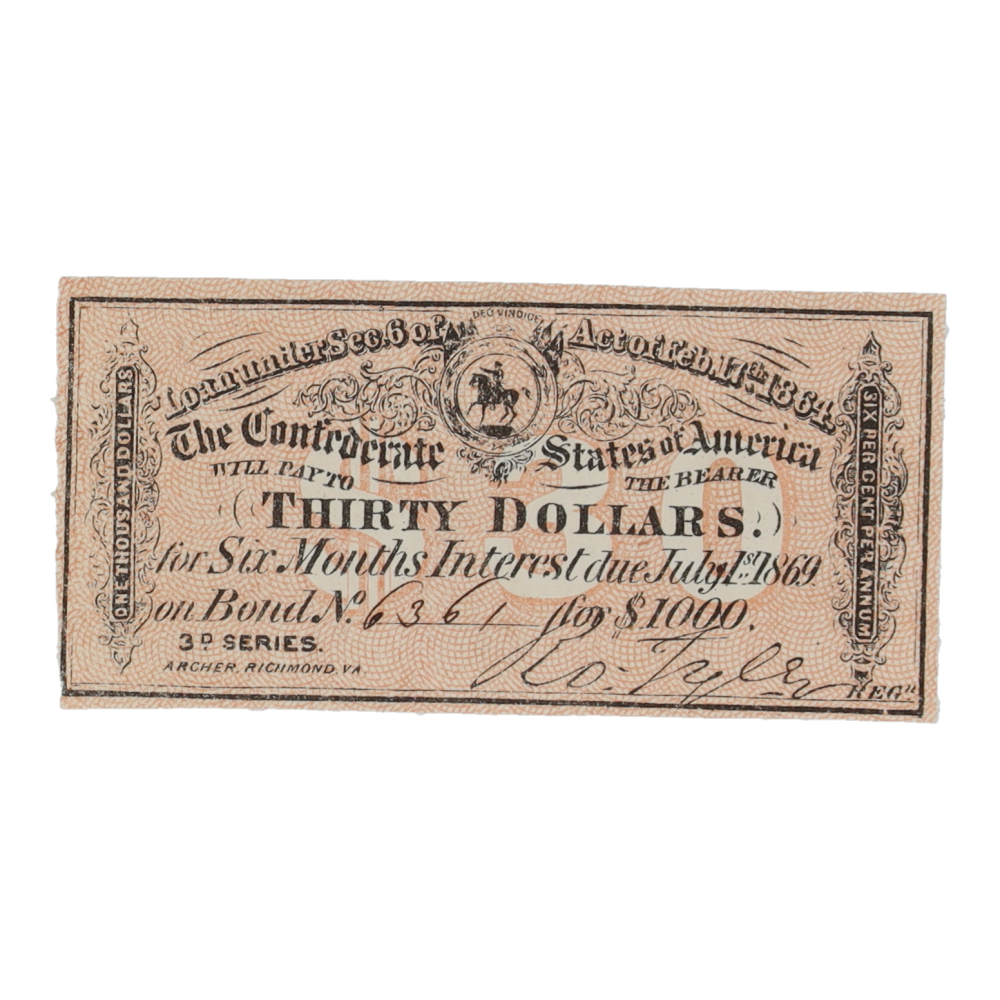 1864 $30 Thirty Dollars Confederate States of America Richmond CSA Bank ...