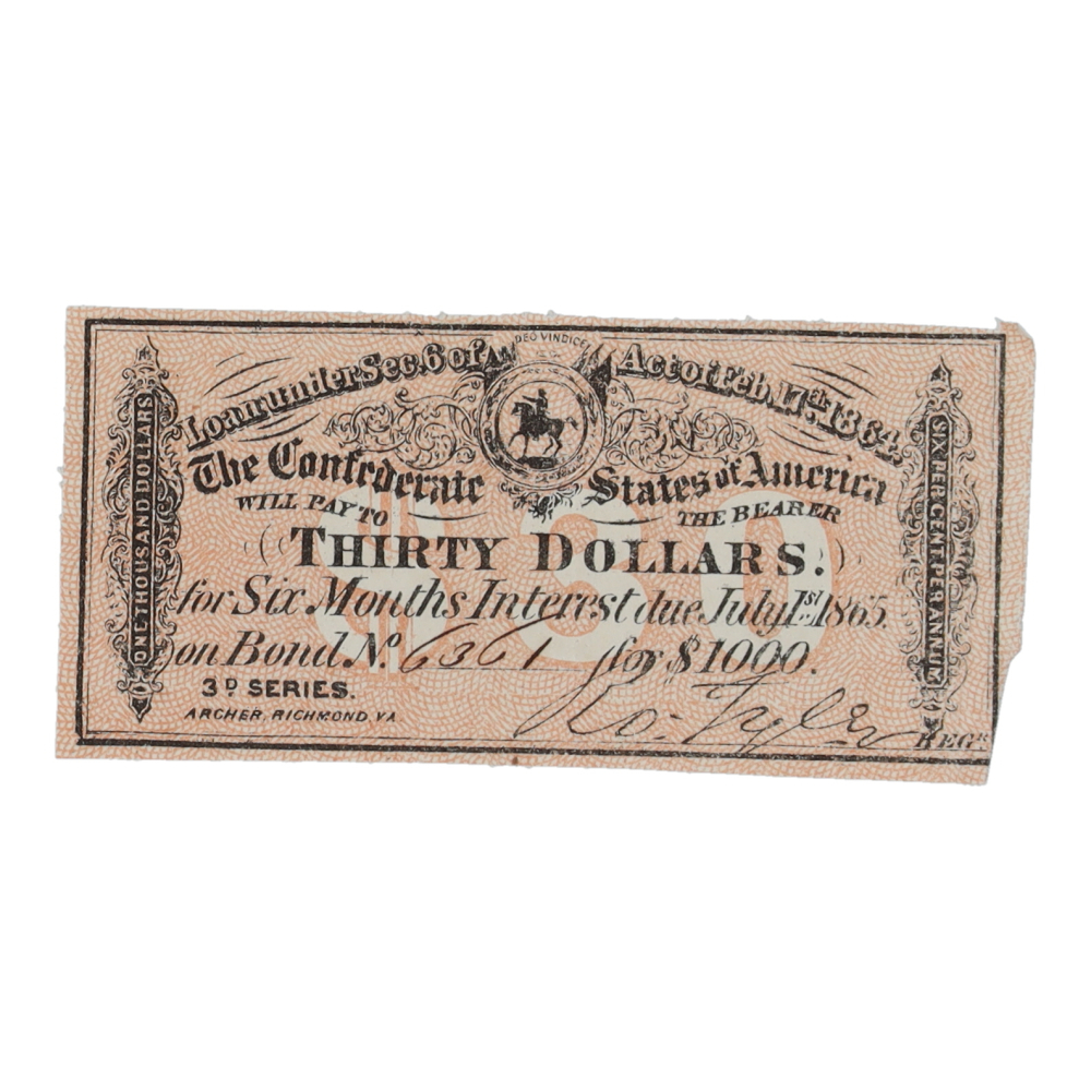 1864 $30 Thirty Dollars Confederate States of America Richmond CSA Bank ...