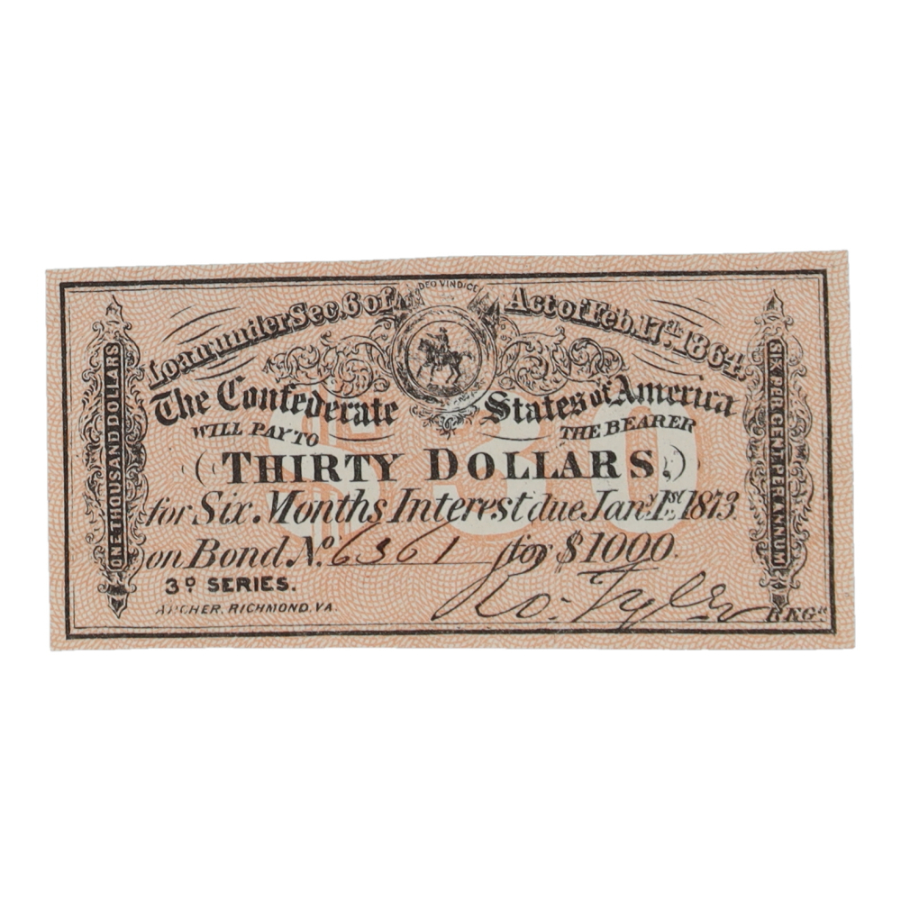 1864 $30 Thirty Dollars Confederate States of America Richmond CSA Bank ...