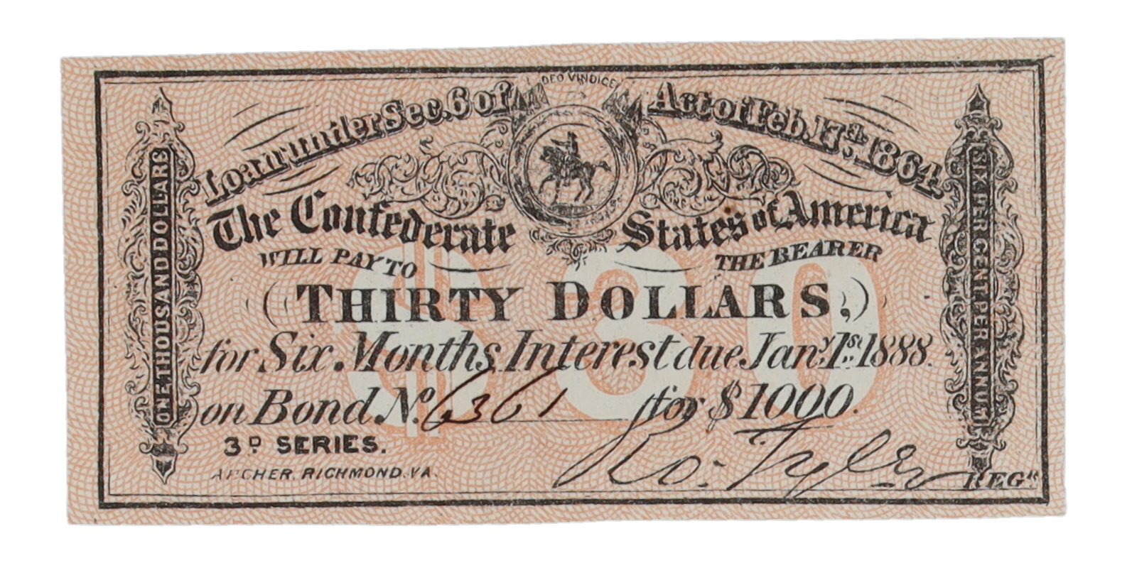 1864 $30 Thirty Dollars Confederate States of America Richmond CSA Bank ...