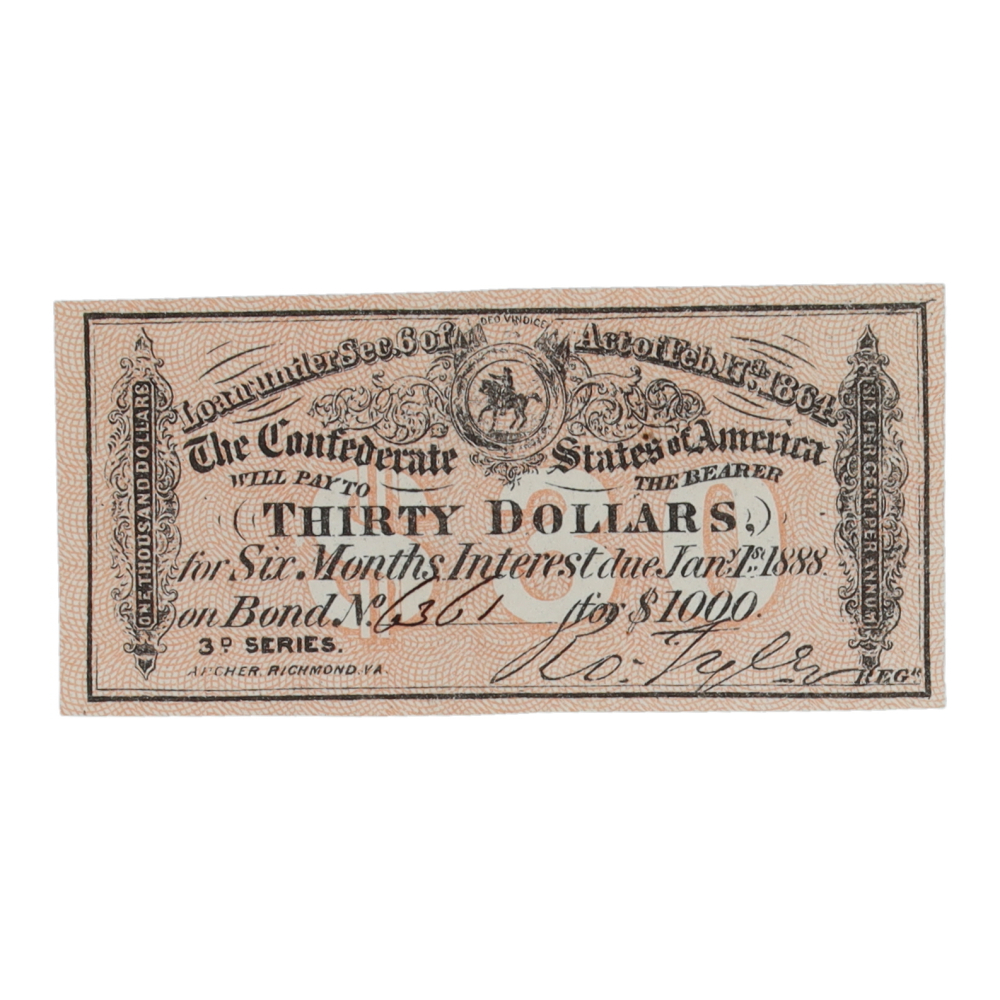 1864 $30 Thirty Dollars Confederate States of America Richmond CSA Bank ...