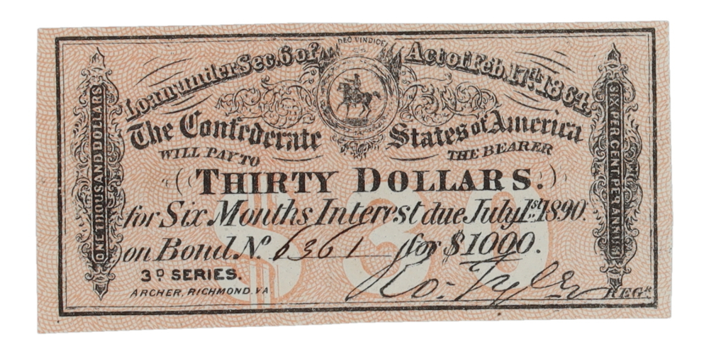 1864 $30 Thirty Dollars Confederate States of America Richmond CSA Bank ...