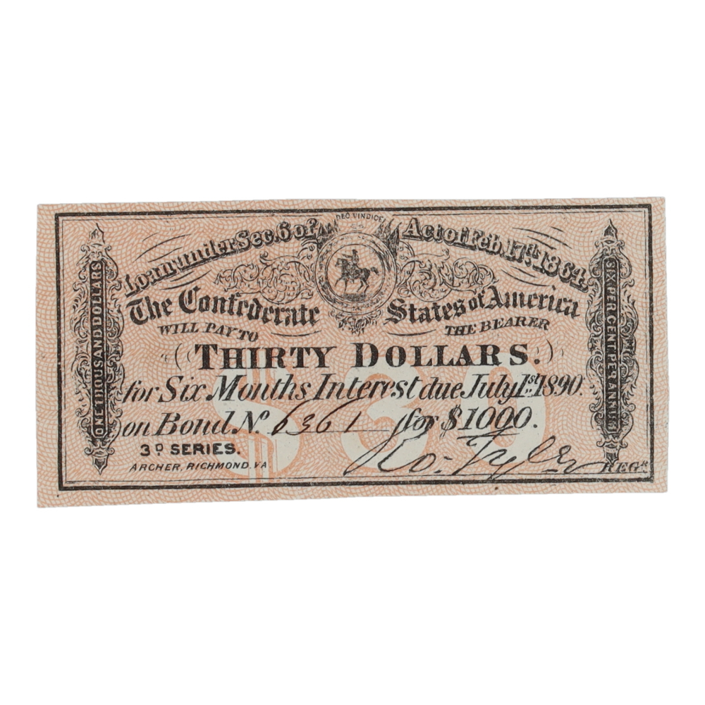 1864 $30 Thirty Dollars Confederate States of America Richmond CSA Bank ...