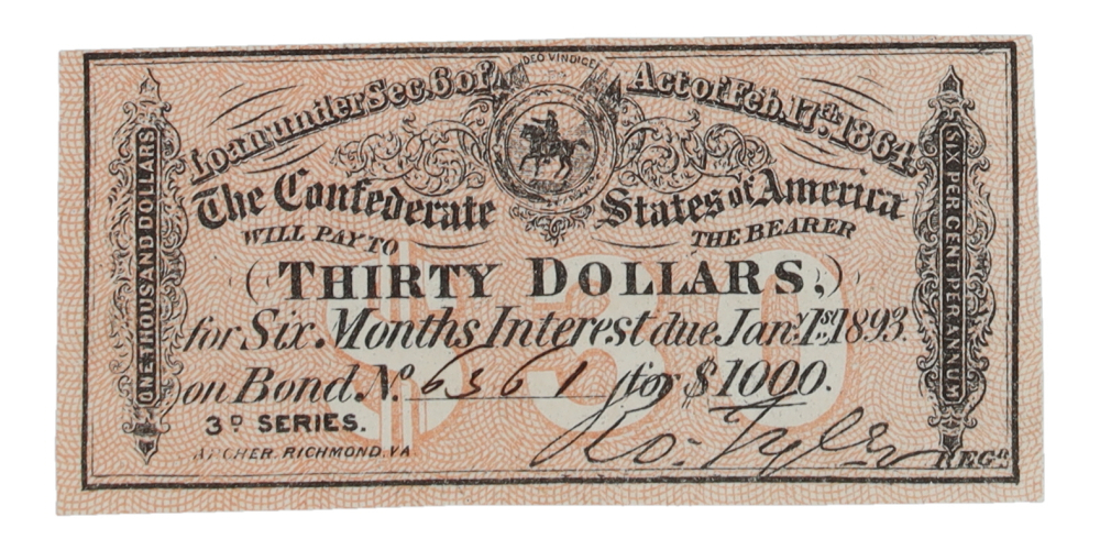1864 $30 Thirty Dollars Confederate States of America Richmond CSA Bank ...