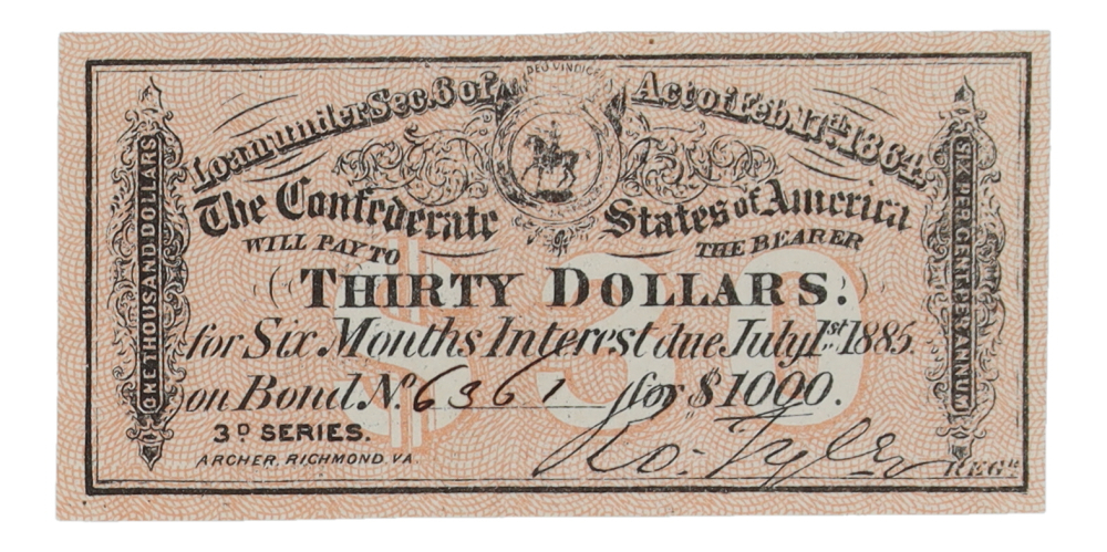 1864 $30 Thirty Dollars Confederate States of America Richmond CSA Bank ...