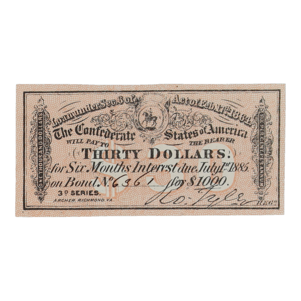 1864 $30 Thirty Dollars Confederate States of America Richmond CSA Bank ...