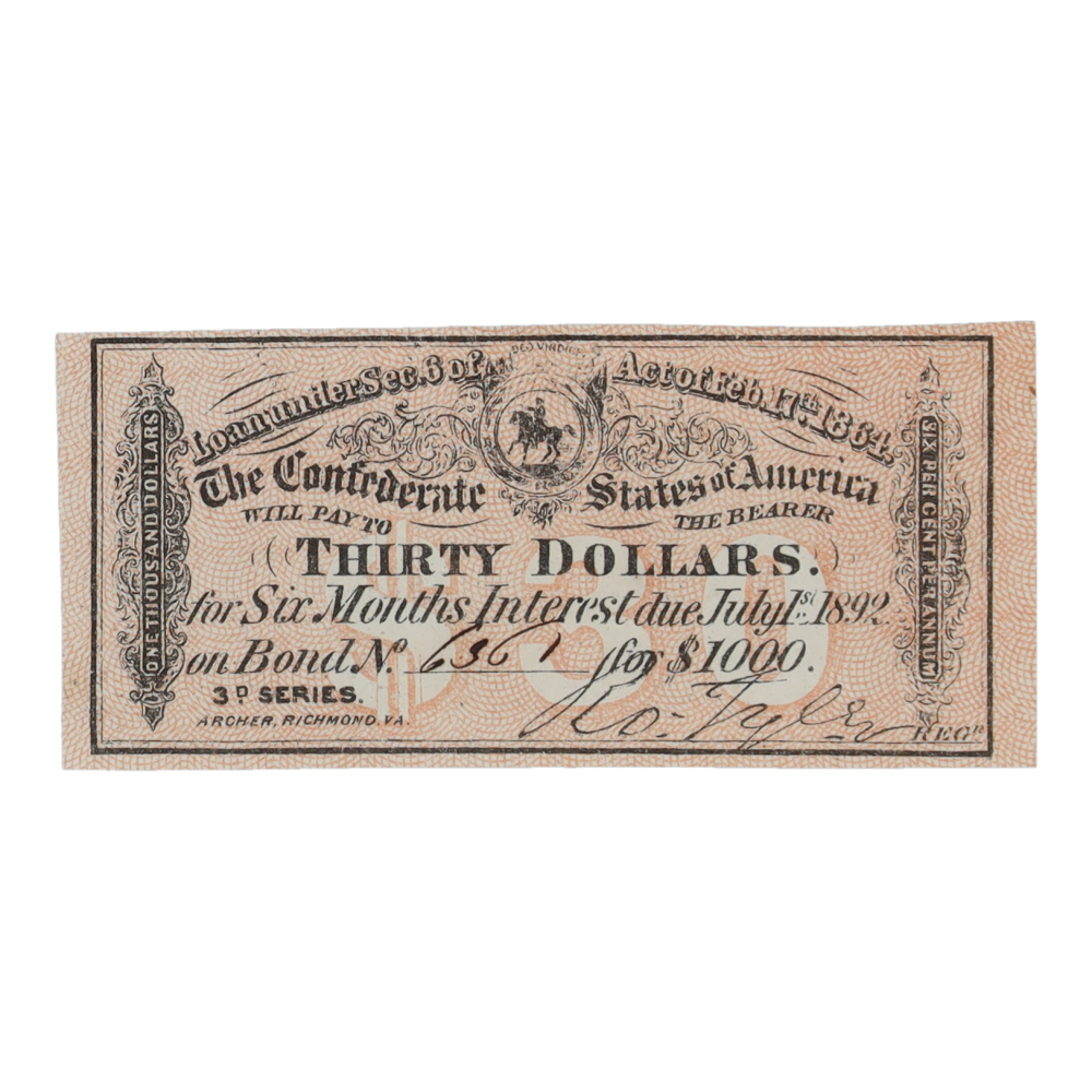 1864 $30 Thirty Dollars Confederate States of America Richmond CSA Bank ...