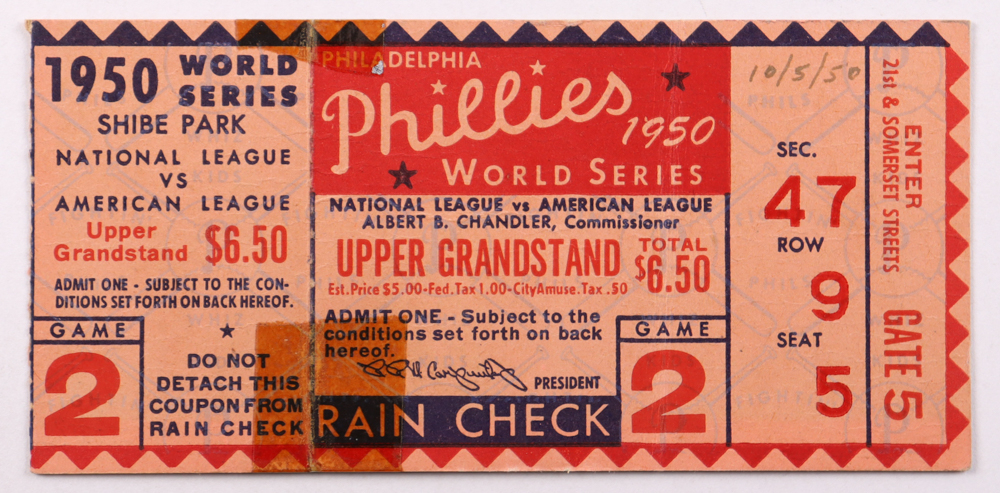 Original 1950 Yankees vs Phillies Game 2 World Series Ticket | Pristine ...