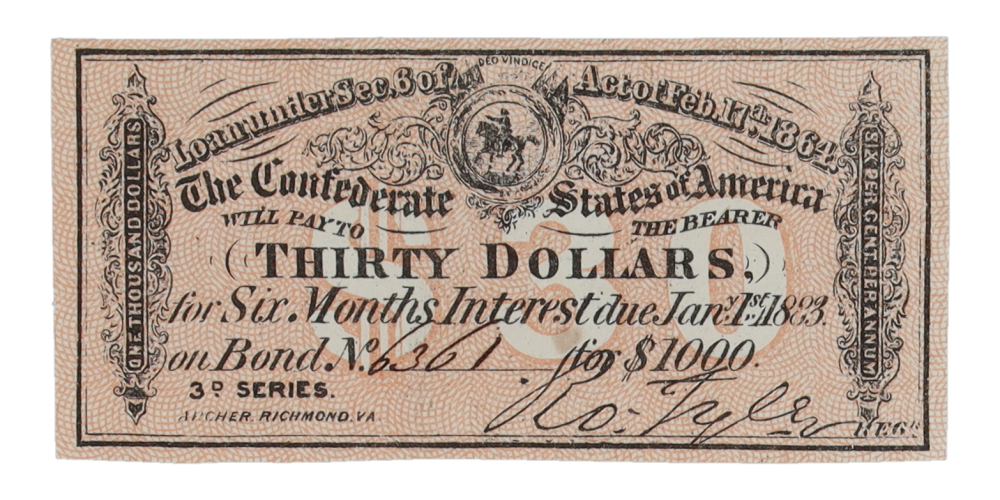 1864 $30 Thirty Dollars Confederate States of America Richmond CSA Bank ...