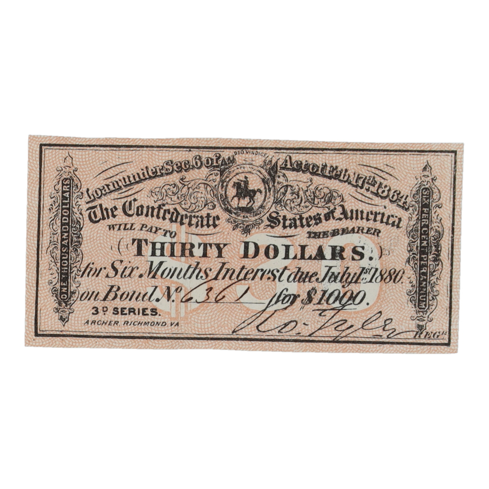 1864 $30 Thirty Dollars Confederate States of America Richmond CSA Bank ...