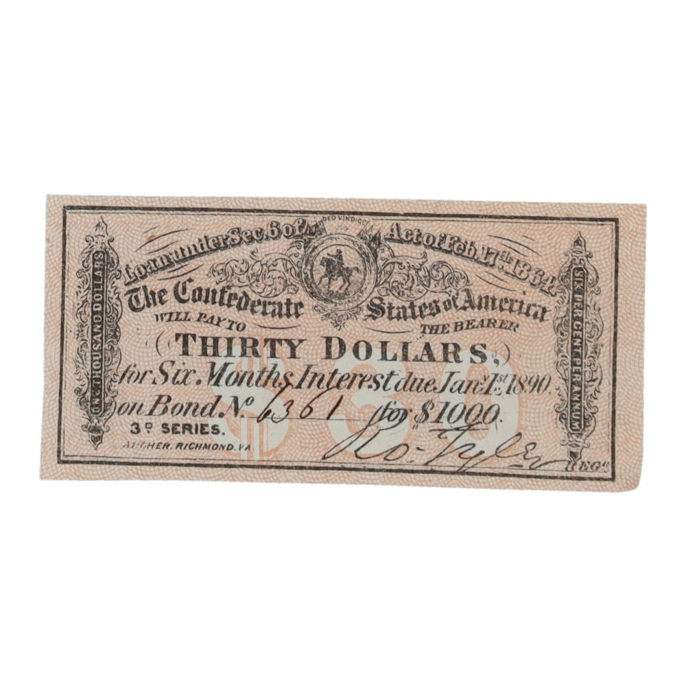 1864 $30 Thirty Dollars Confederate States of America Richmond CSA Bank ...