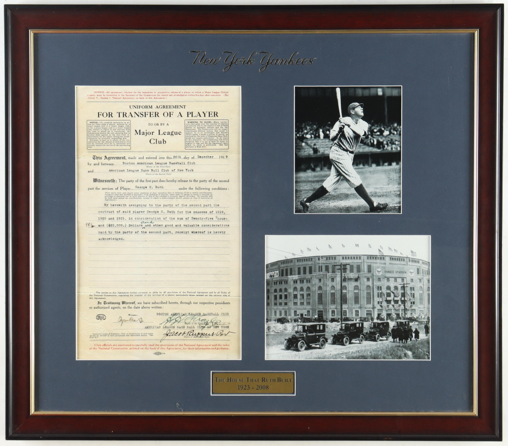Babe Ruth Yankees Custom Framed Photo Display with 1919 Trade Contract ...