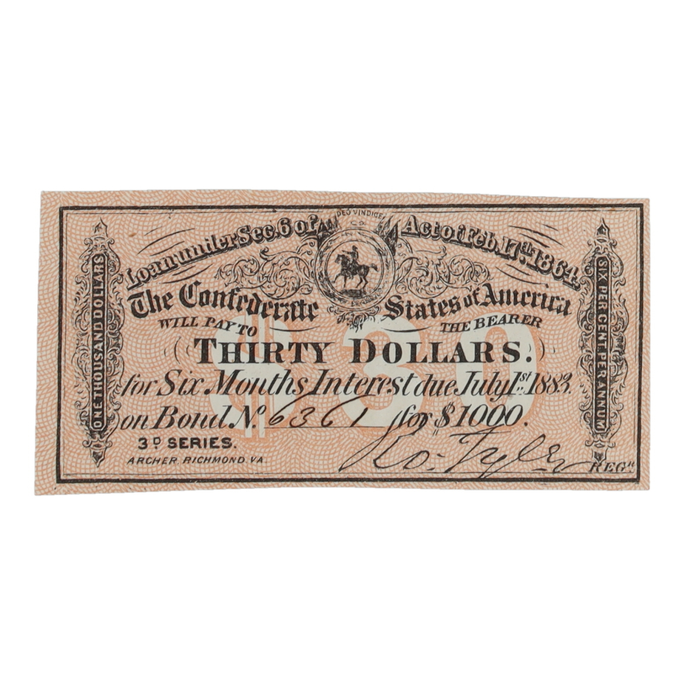 1864 $30 Thirty Dollars Confederate States of America Richmond CSA Bank ...