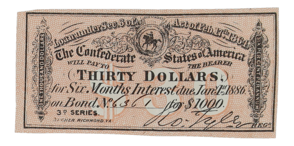 1864 $30 Thirty Dollars Confederate States of America Richmond CSA Bank ...