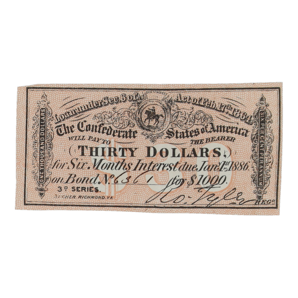 1864 $30 Thirty Dollars Confederate States of America Richmond CSA Bank ...