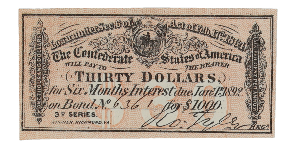 1864 $30 Thirty Dollars Confederate States of America Richmond CSA Bank ...