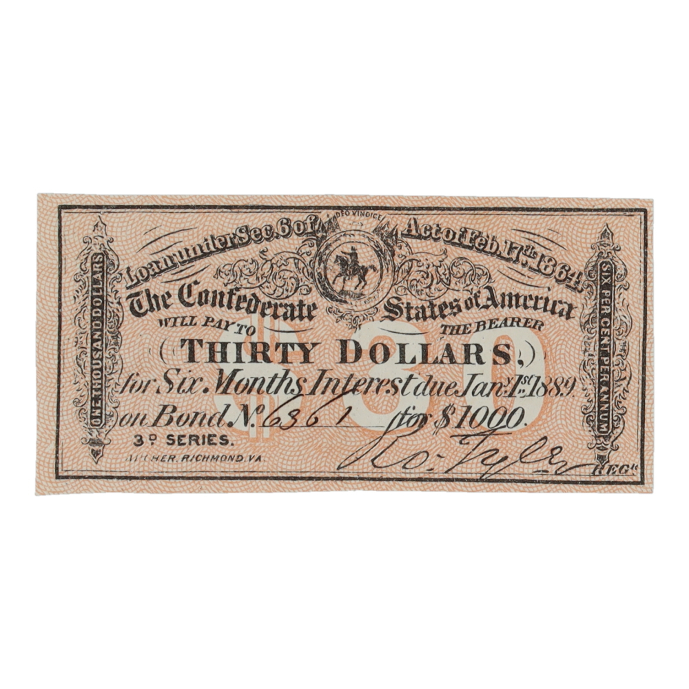 1864 $30 Thirty Dollars Confederate States of America Richmond CSA Bank ...