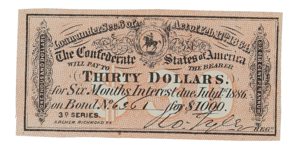1864 $30 Thirty Dollars Confederate States of America Richmond CSA Bank ...