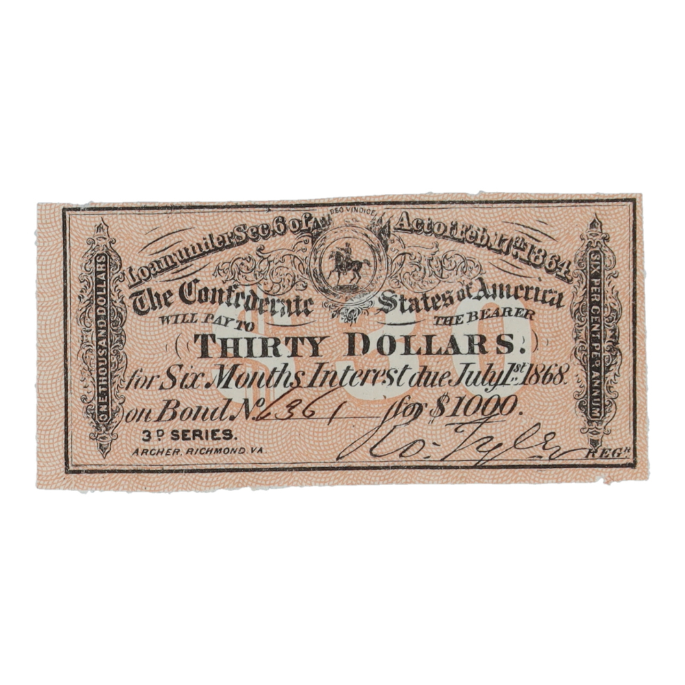 1864 $30 Thirty Dollars Confederate States of America Richmond CSA Bank ...