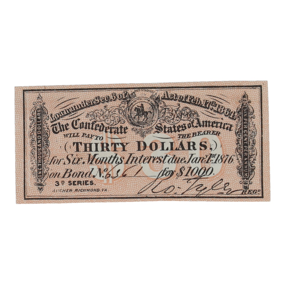 1864 $30 Thirty Dollars Confederate States of America Richmond CSA Bank ...