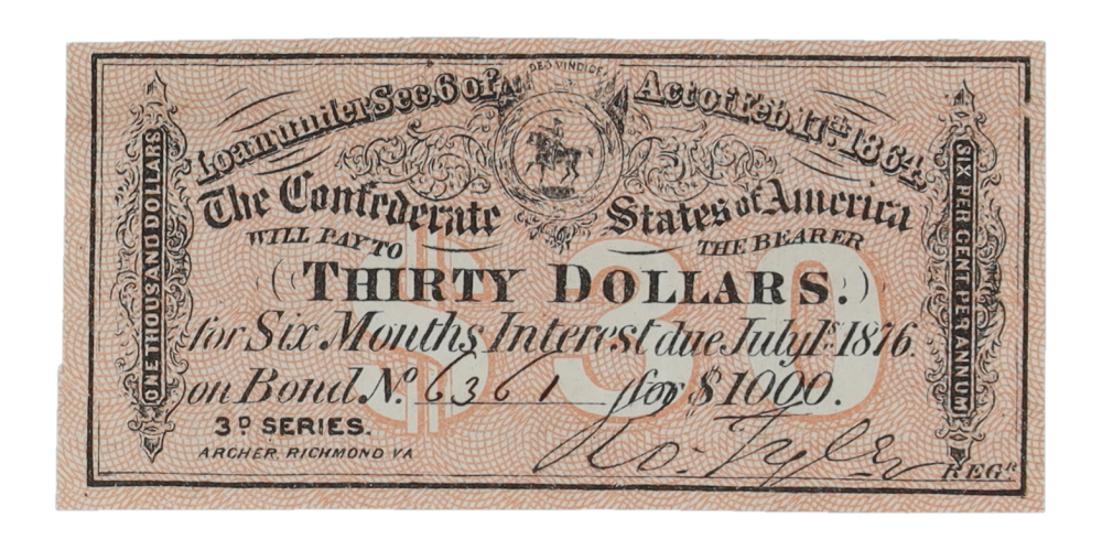 1864 $30 Thirty Dollars Confederate States of America Richmond CSA Bank ...