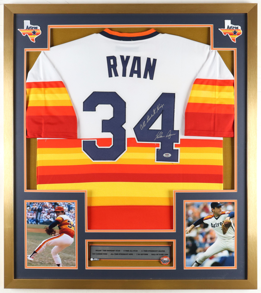 Nolan Ryan Signed Custom Framed Jersey Display With (2) Pins Inscribed ...
