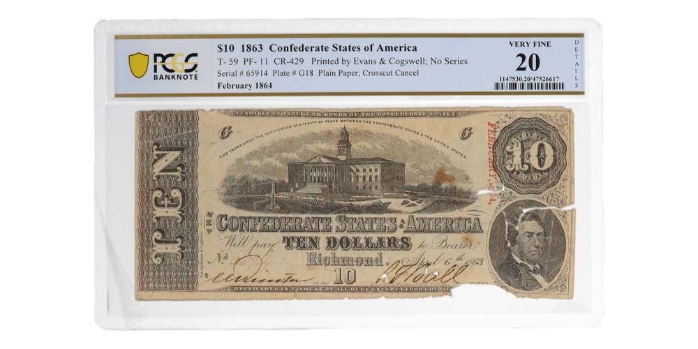 1863 Confederate States of America $10 Ten Dollars Bank Note Bond - No ...