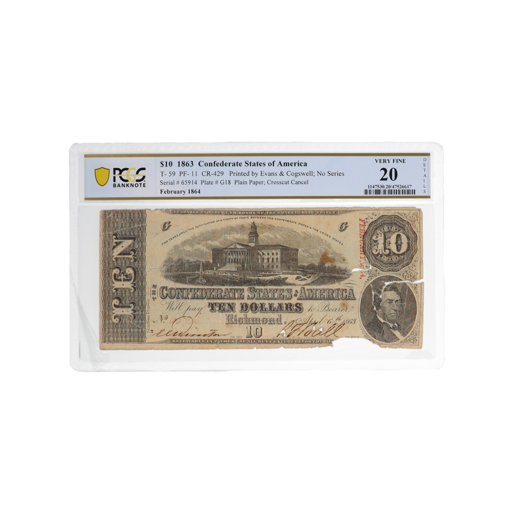 1863 Confederate States of America $10 Ten Dollars Bank Note Bond - No ...
