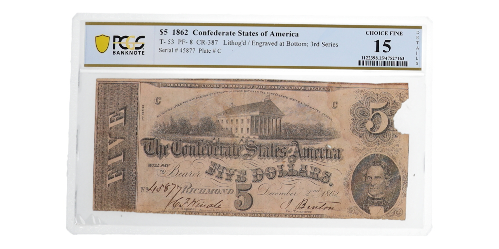 1862 Confederate States of America $5 Five Dollars Bank Note Bond - 3rd ...