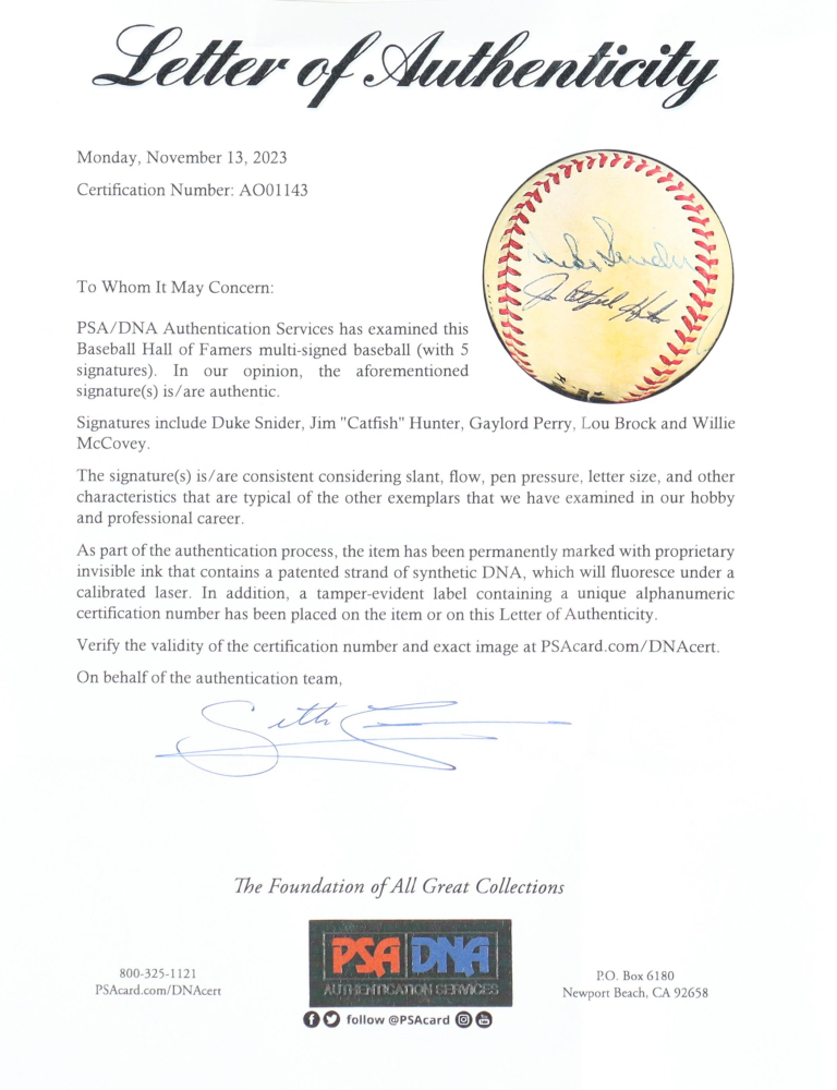 Hall of Famers ONL Baseball Signed by (5) with Duke Snider, Lou Brock ...