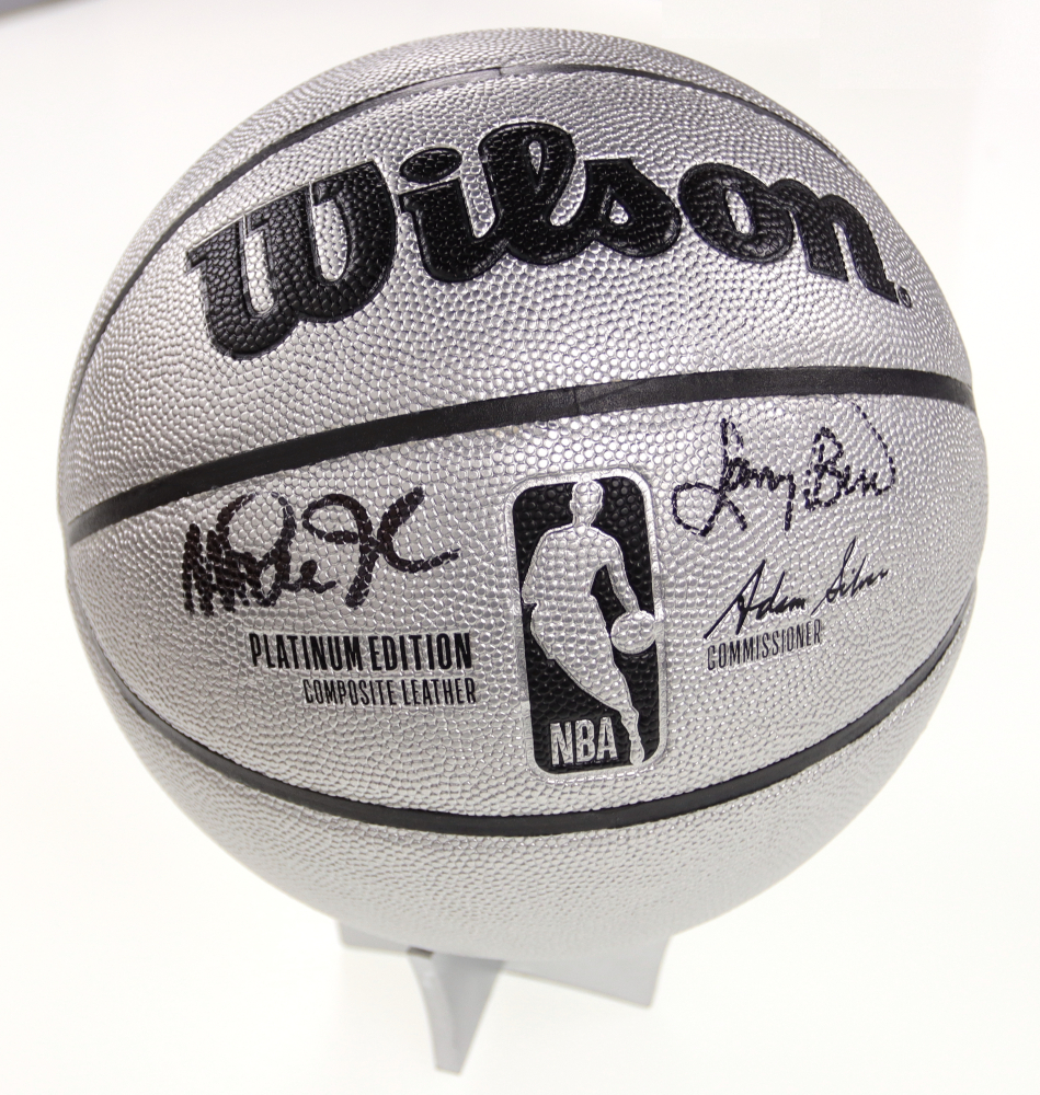 Larry Bird & Magic Johnson Signed NBA Special Edition Platinum Basketball with Silver Display ...