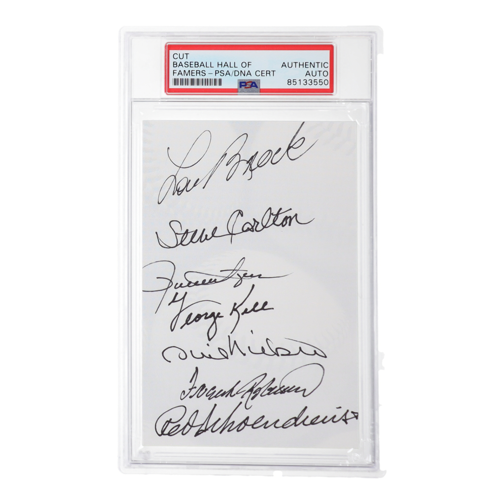 Hall of Famers Cut Signed by (7) with Lou Brock, Steve Carlton, George ...