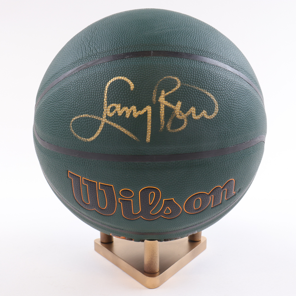 Larry Bird Signed Dark Green NBA Basketball With Gold Wood Display ...