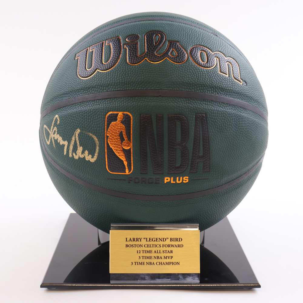 Larry Bird Signed Dark Green NBA Basketball With Name Plaque Display ...
