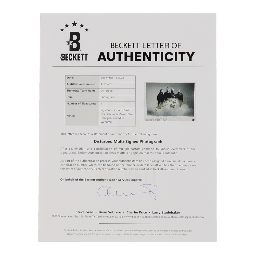 "Disturbed" 8x10 Photo Band-Signed by David Draiman, John Moyer, Dan Donegan & Mike Wengren ...