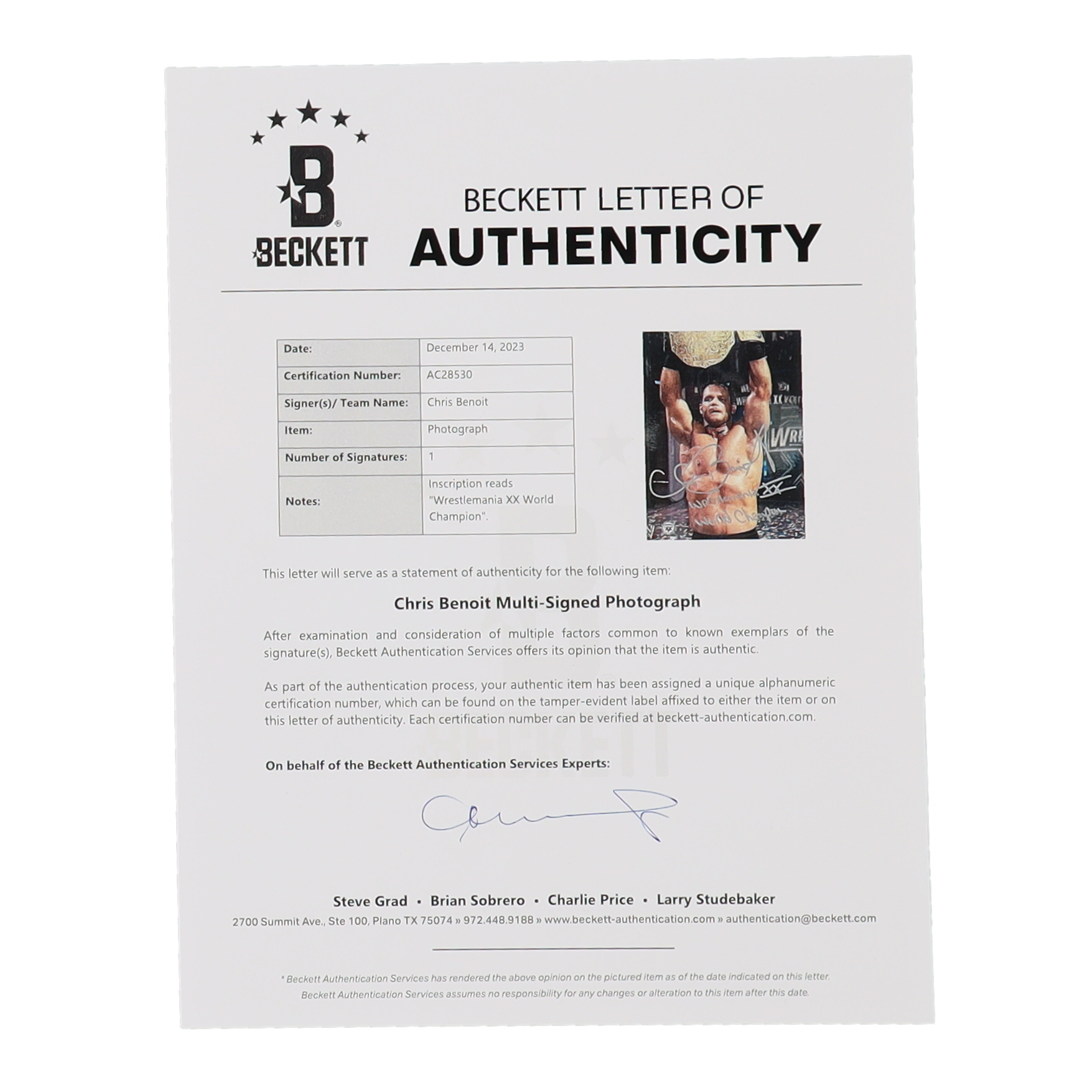 Chris Benoit Signed WWE 8x10 Photo Inscribed "Wrestlemania XX World ...