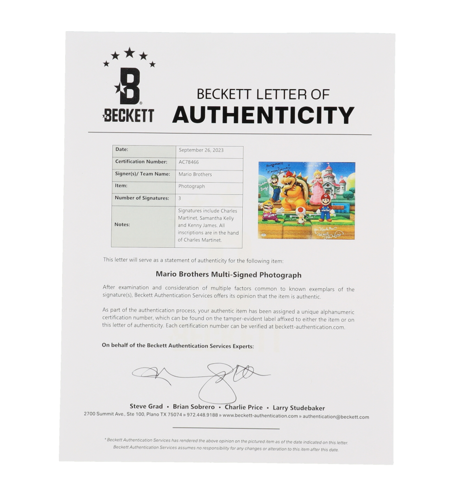 Samantha Kelly, Kenny James & Charles Martinet Signed "Super Mario ...
