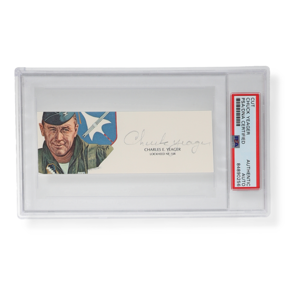 Chuck Yeager Signed 2x5 Cut with Portrait (PSA) | Pristine Auction