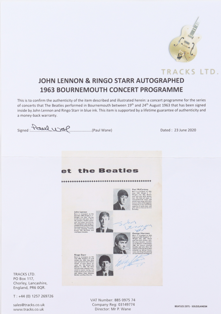John Lennon, Ringo Starr & Tommy Quickly Signed 1963 Bournemouth ...