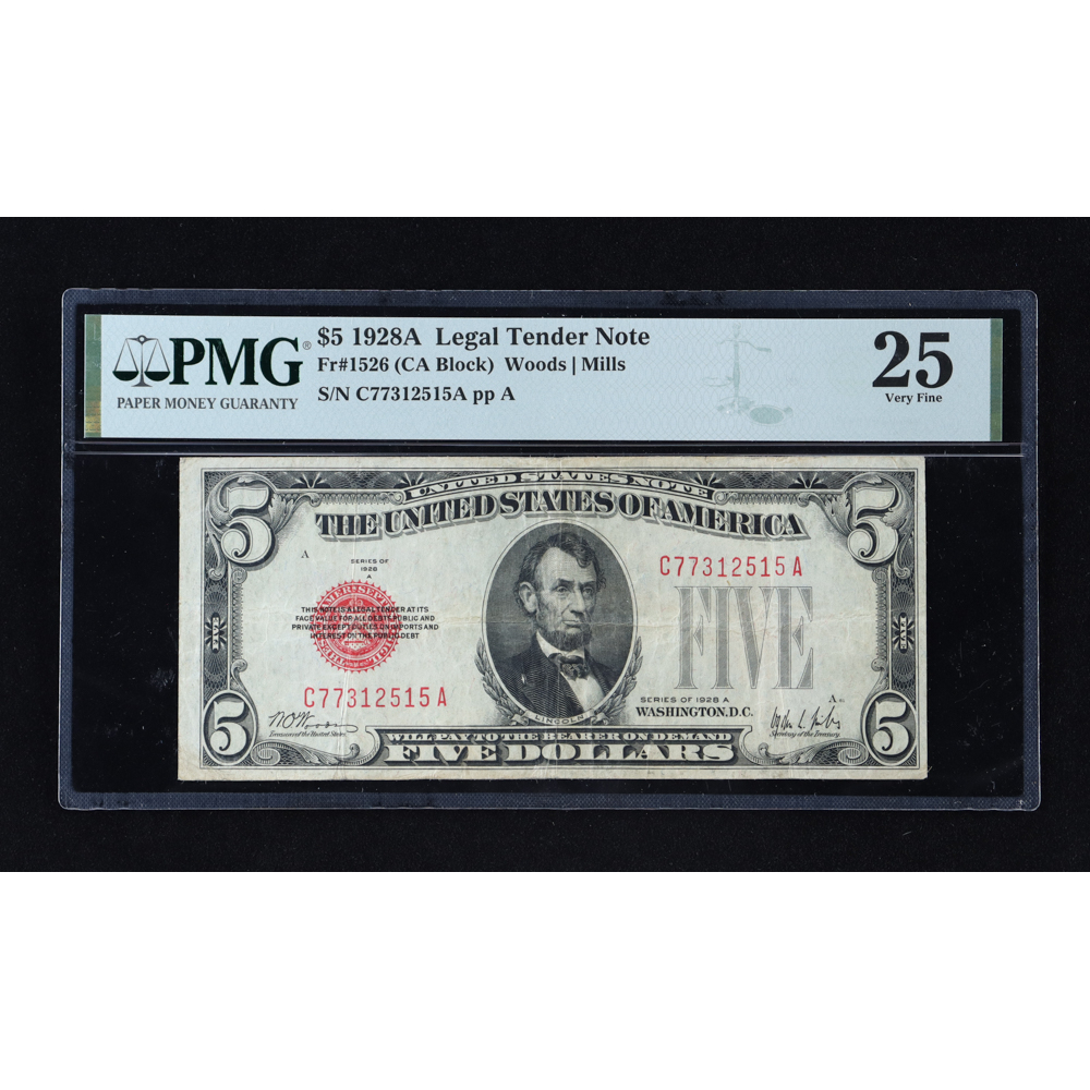 1928-A U.S $5 Legal Tender Note - Red Seal (PMG VF25) | Pristine Auction