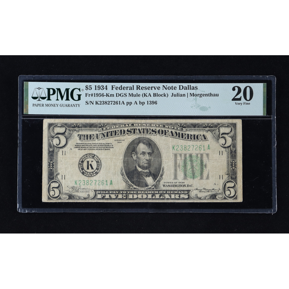 1934 U.S $5 Federal Reserve Note - Dallas - "Mule" Note (PMG VF20) | Pristine Auction