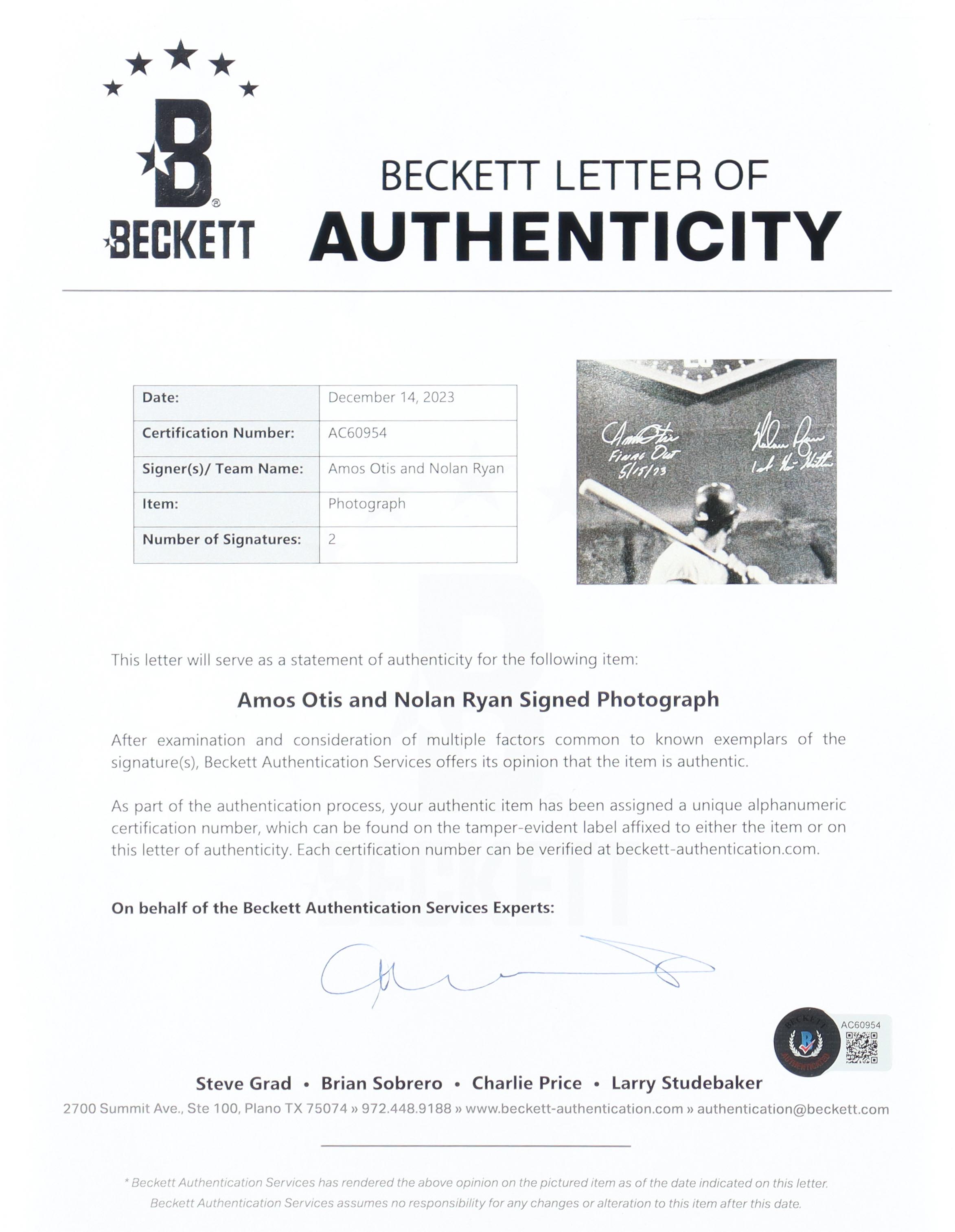 Nolan Ryan & Amos Otis Signed Custom Framed Photo Display Inscribed ...