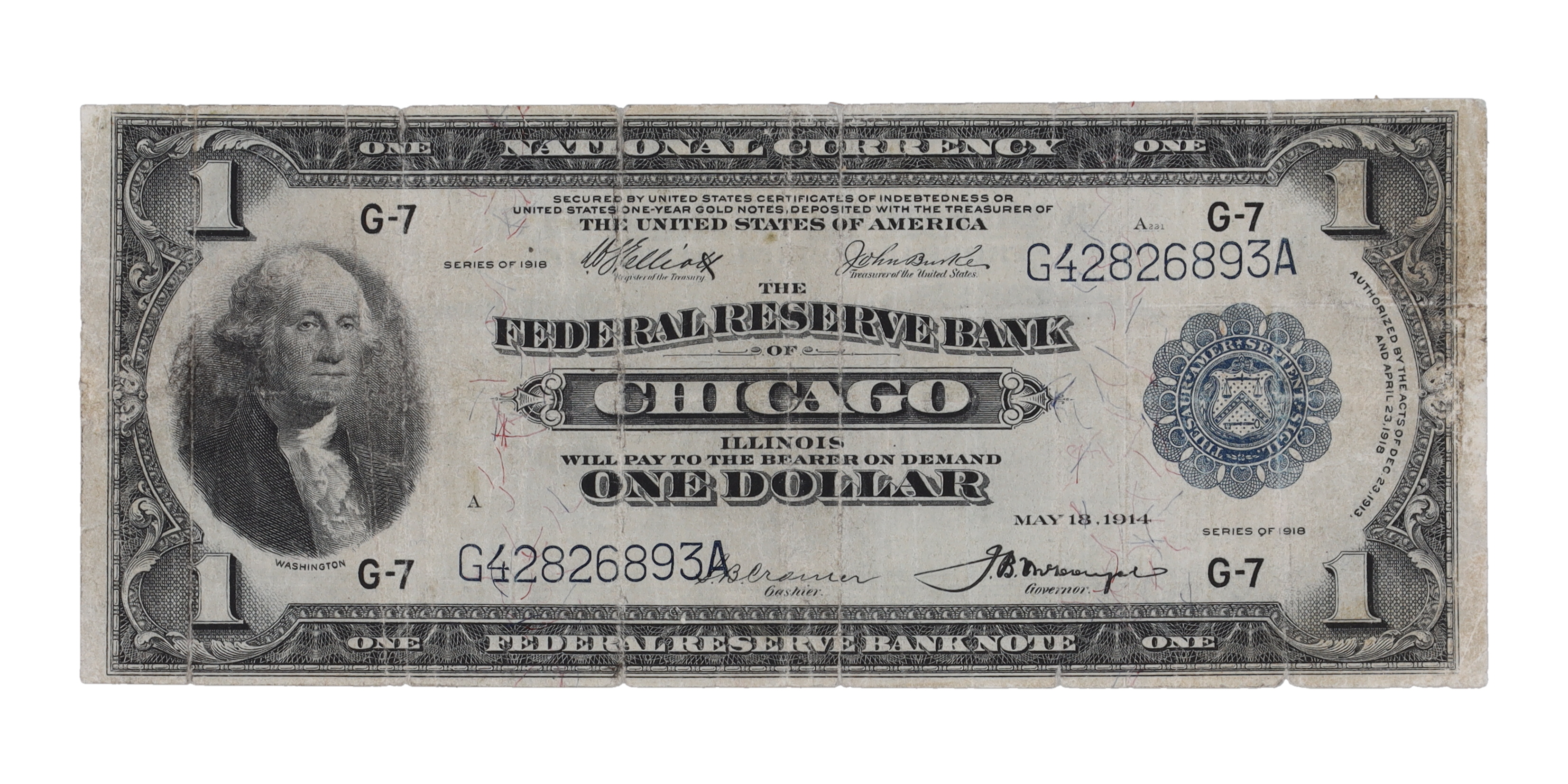 1918 $1 One Dollar Blue Seal Federal Reserve Bank Note of Chicago ...