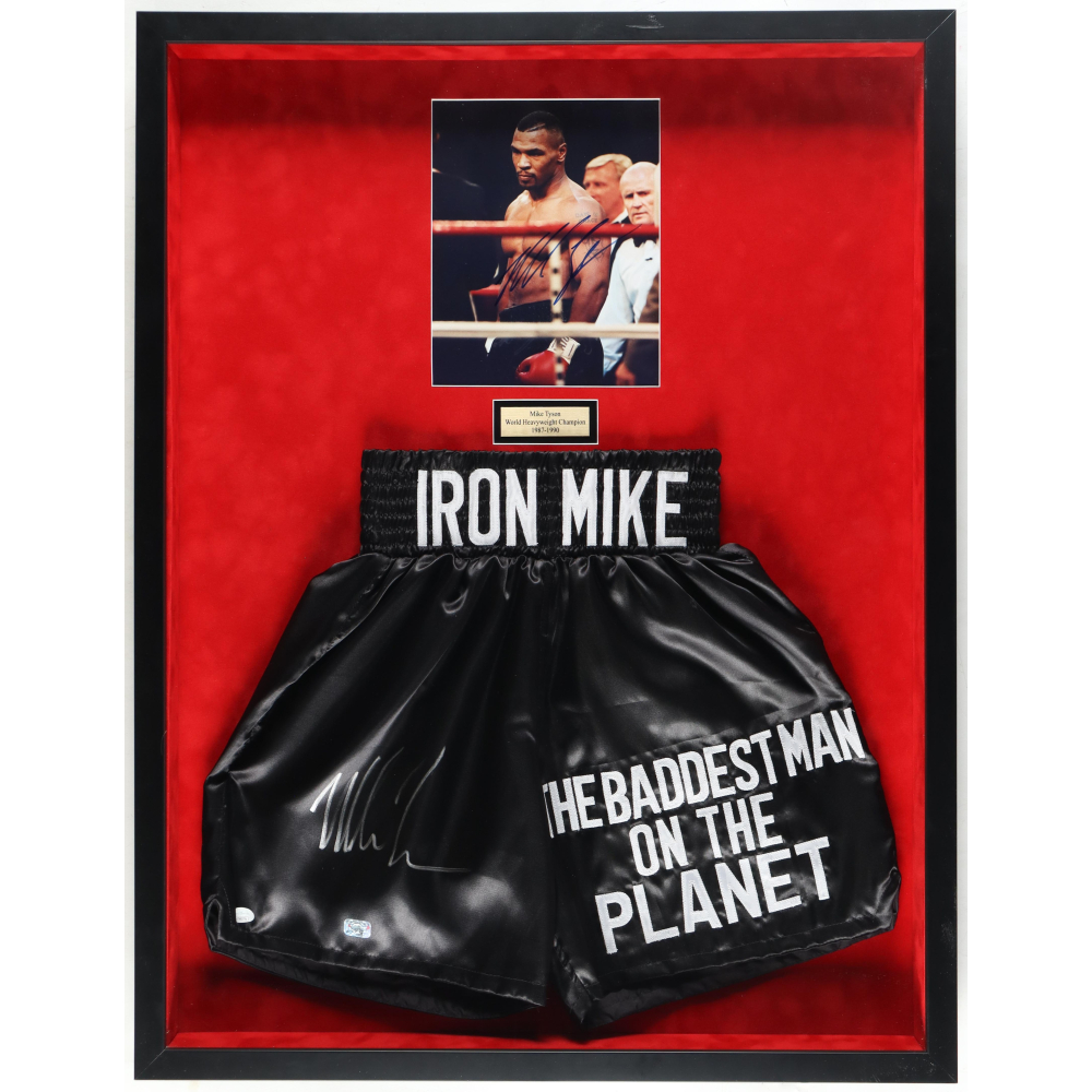 Mike Tyson Signed Custom Shadowbox Boxing Trunks & Photo Display (JSA ...